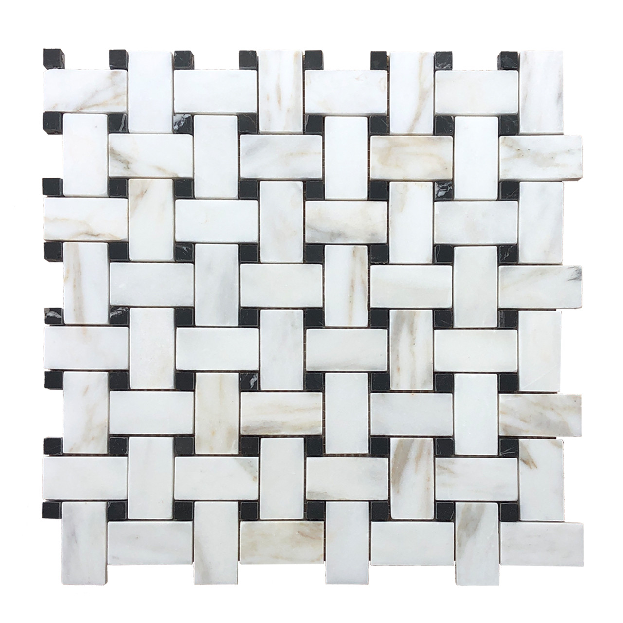 Calacatta Gold Italian Marble Basketweave Mosaic Tile with Black ...