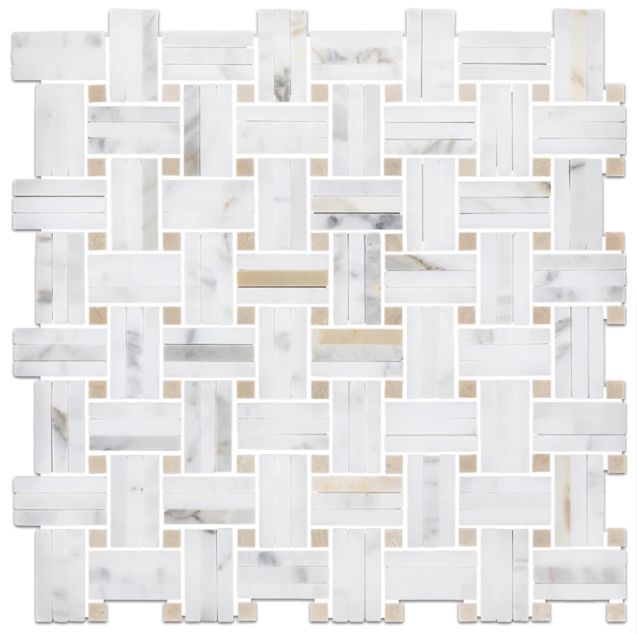 Calacatta Tri-Weave With 3/8" Crema Marfil Dot Mosaic - marble tile ...