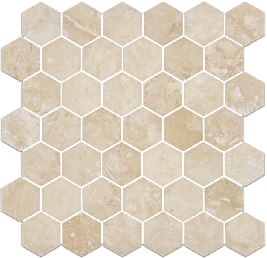 Cross-Cut Light Ivory Travertine 2" Hexagon Mosaic - travertine tile ...