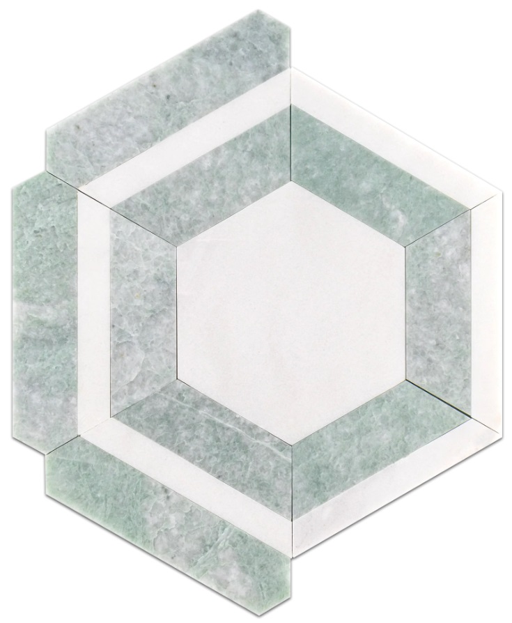 White Absolute Honeycomb With Ming Green Mosaic - marble stone Ming Green collection by Elon ...
