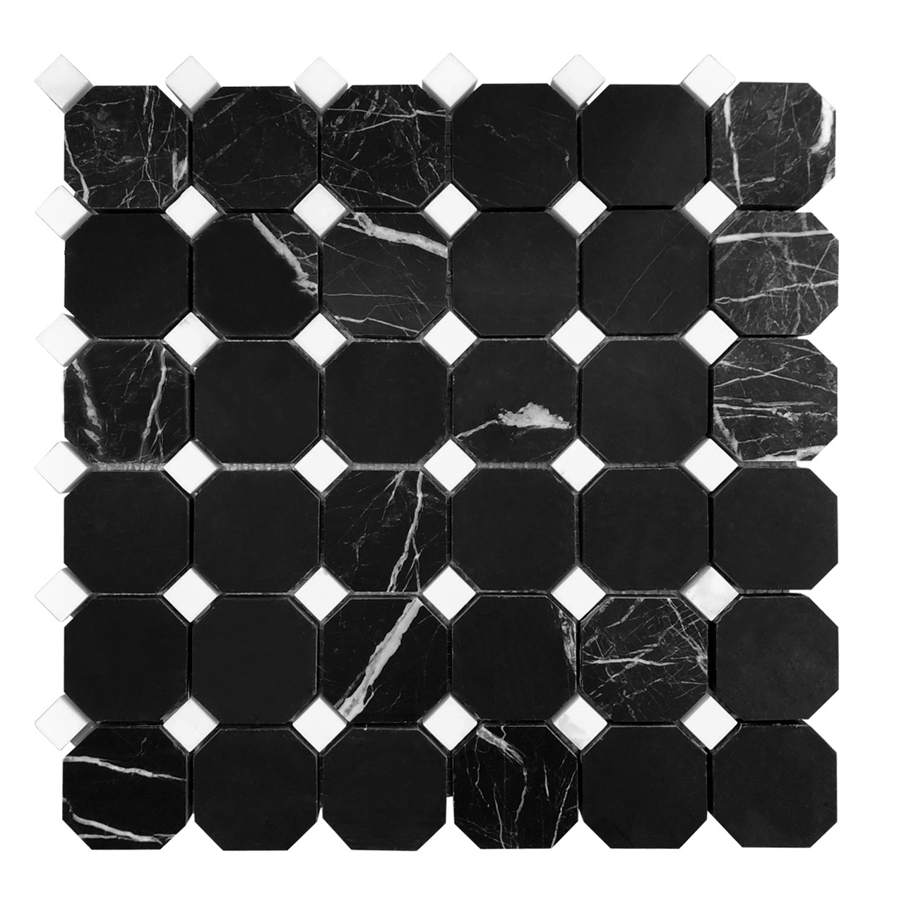 Octagon with Dolomiti Dots Mosaic Tile - marble stone Nero Marquina ...
