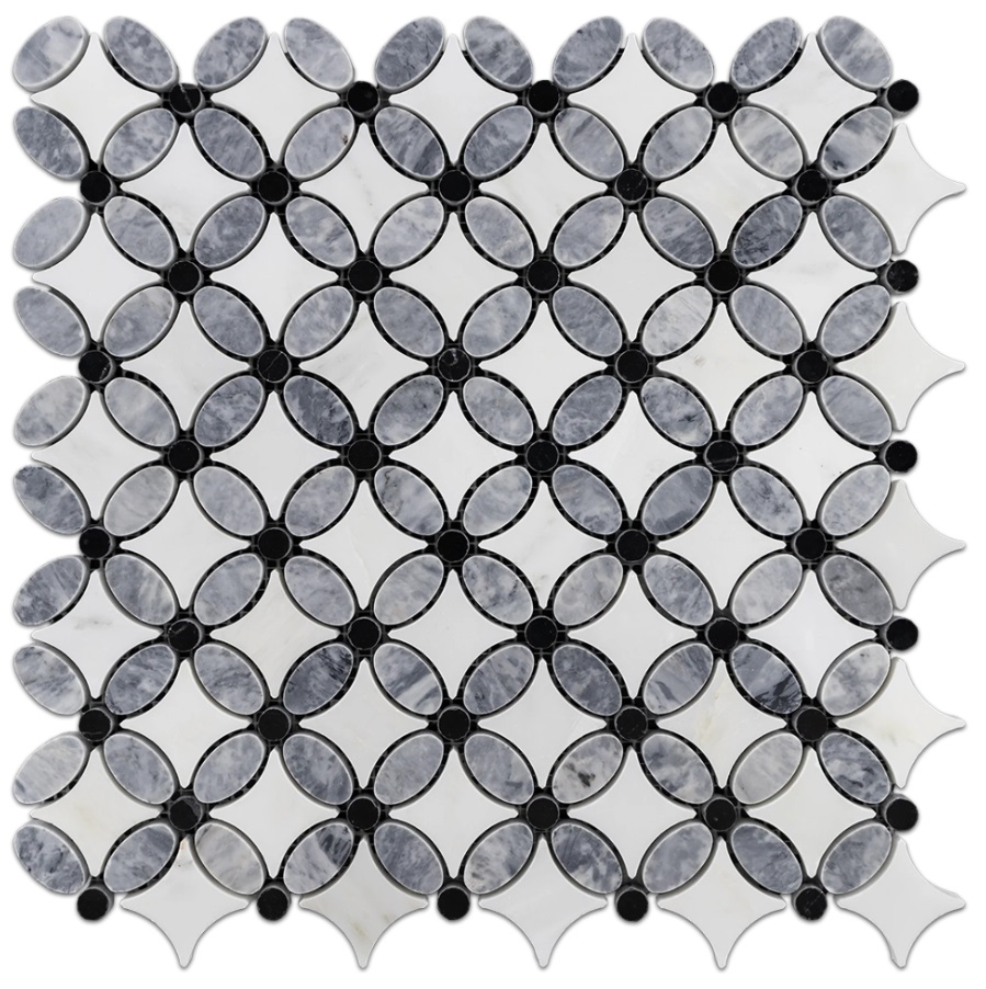 Pacific Gray Fleur With Pearl White And Black Dot Mosaic - marble tile ...