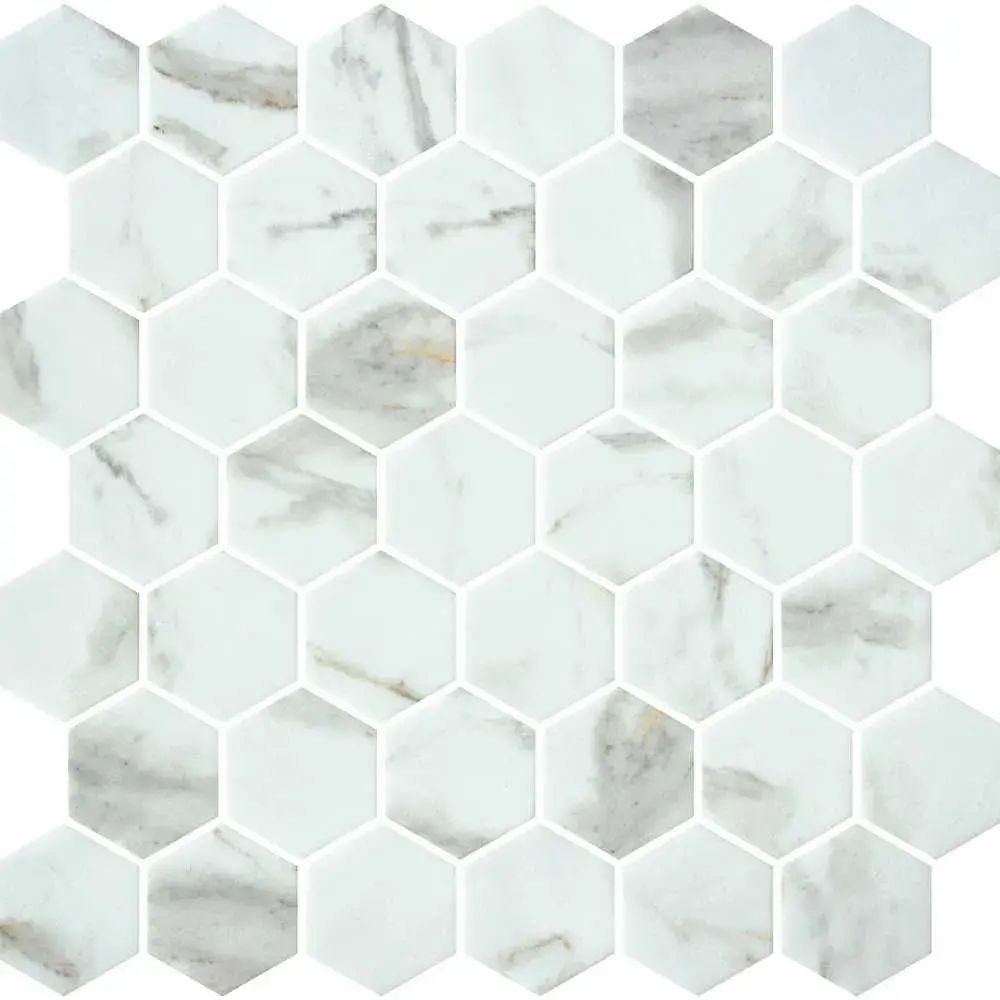 Where to buy Calacatta Hex 2″ Matte, Glass tile by Cancos Tile & Stone.