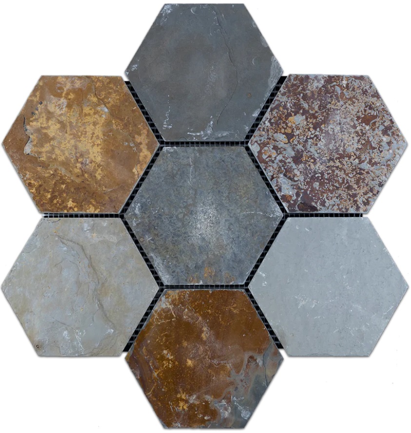 Where to buy Rustic Multicolor Slate 5" Hexagon Mosaic, Slate tile by Elon Tile & Stone.